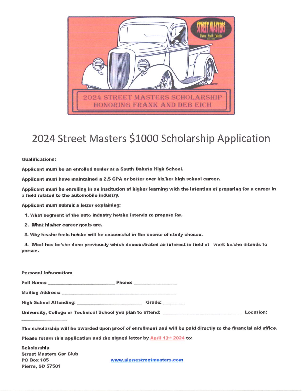 2024 Street Masters Scholarship Application - Pierre Street Masters